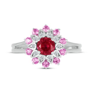 Lab-Created Ruby, Pink & White Lab-Created Sapphire Flower Ring ...