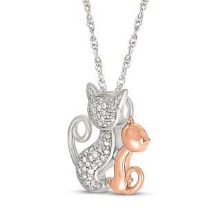 Diamond Mother Cat & Kitten Necklace 1/10 ct tw Sterling Silver & 10K ...