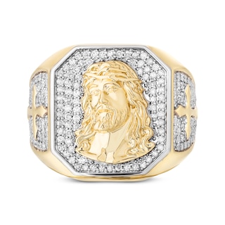Men's White & Black Diamond Face of Jesus Signet Ring 1 ct tw 10K ...