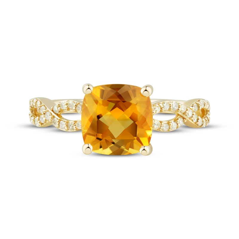 Cushion Cut Citrine And Diamond Twist Shank Ring 1 6 Ct Tw 10k Yellow