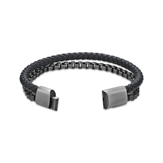 Men's Black Braided Leather & Chain Layered Bracelet Stainless Steel 8. ...