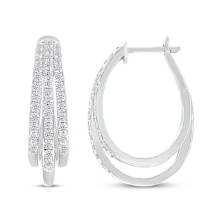 Previously Owned Diamond Three-Row Pave Hoop Earrings 1 ct tw Round-cut ...