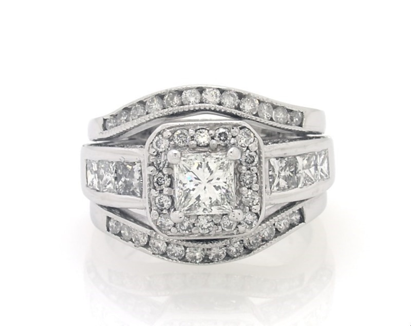 Previously Owned Princess-Cut Cushion Halo Bridal Set 1 7/8 ct tw 14K ...