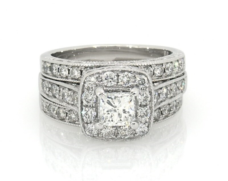 Previously Owned Princess-Cut Diamond Cushion Halo Bridal Set 1-3/8 ct ...