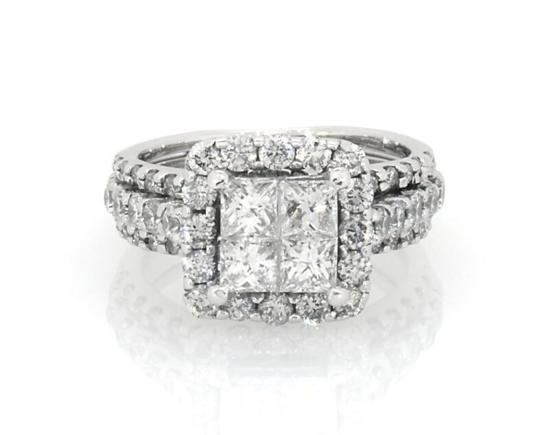 Previously Owned Princess-Cut Quad Diamond Halo Bridal Set 1-3/4 ct tw ...