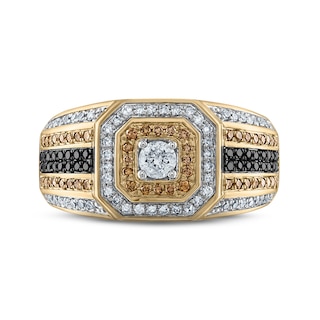 Men's Black, Brown & White Diamond Octagon Ring 7/8 ct tw Round-cut 10K ...
